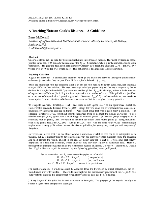 (PDF) A Teaching Note on Cook's Distance - A Guideline