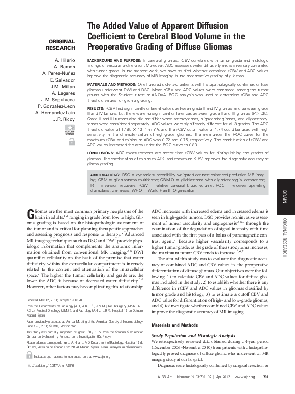 (PDF) The Added Value of Apparent Diffusion Coefficient to Cerebral Blood Volume in the ...