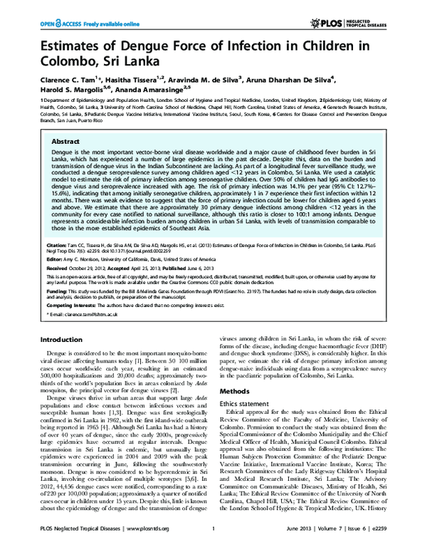(PDF) Estimates of Dengue Force of Infection in Children in Colombo ...