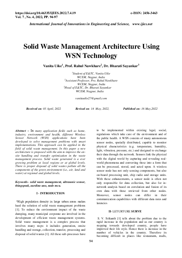 (PDF) Solid Waste Management Architecture Using WSN Technology