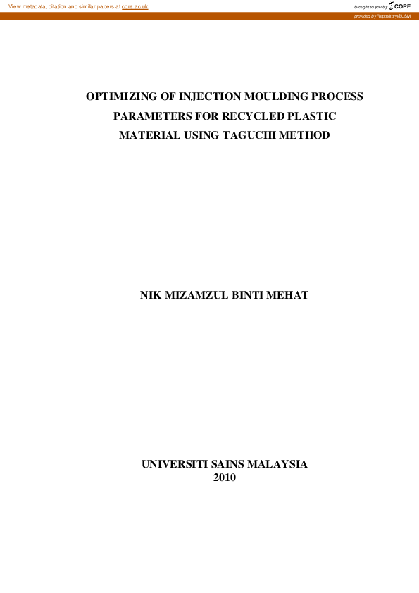 Optimizing Of Injection Moulding Process Parameters For Recycled Plastic Material Using Taguchi