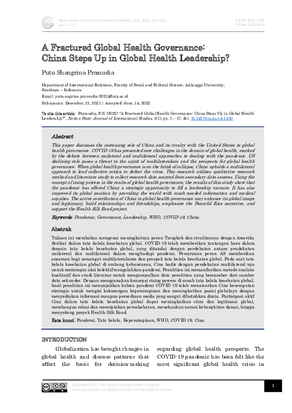 (PDF) China's Ascendancy in Global Health Governance Amid US Decline