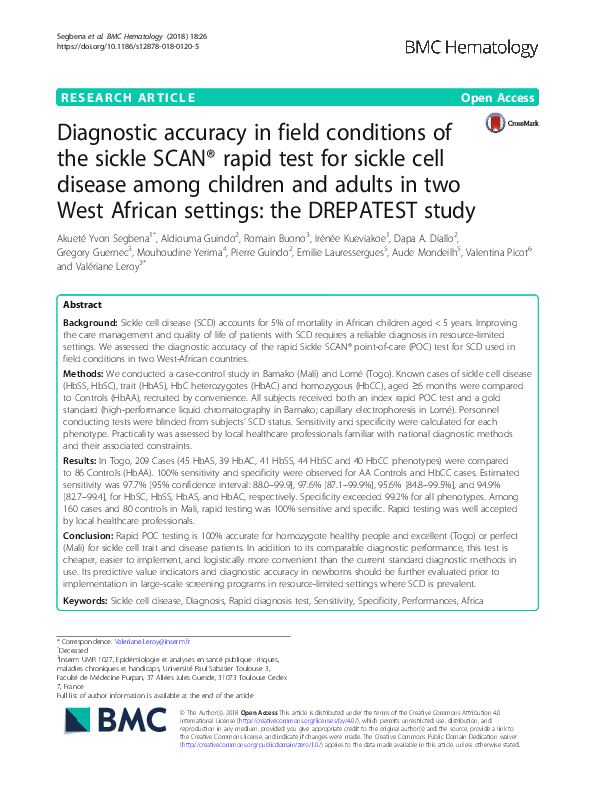 (PDF) Diagnostic accuracy in field conditions of the sickle SCAN® rapid ...