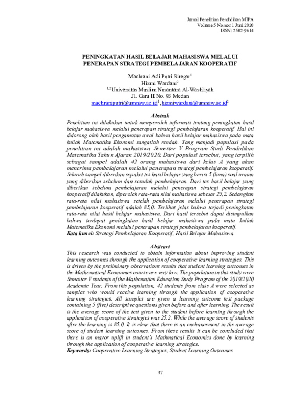 (PDF) Peningkatan Hasil Belajar Mahasiswa Melalui Penerapan Strategi Pembelajaran Kooperatif