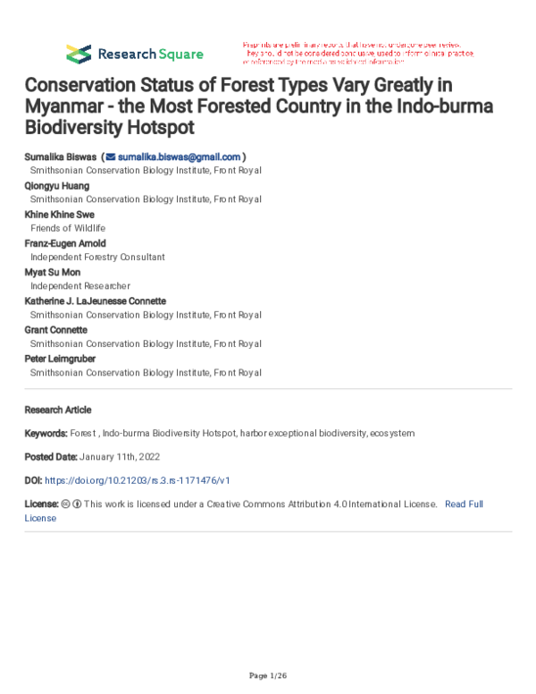 (PDF) Conservation Status of Forest Types Vary Greatly in Myanmar - the ...