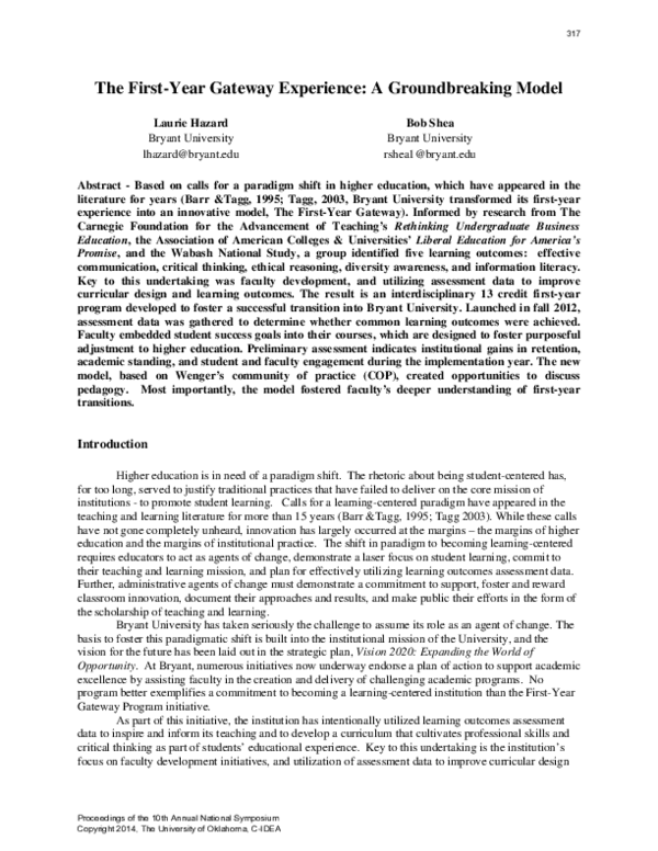 (PDF) The First-Year Gateway Experience: A Groundbreaking Model