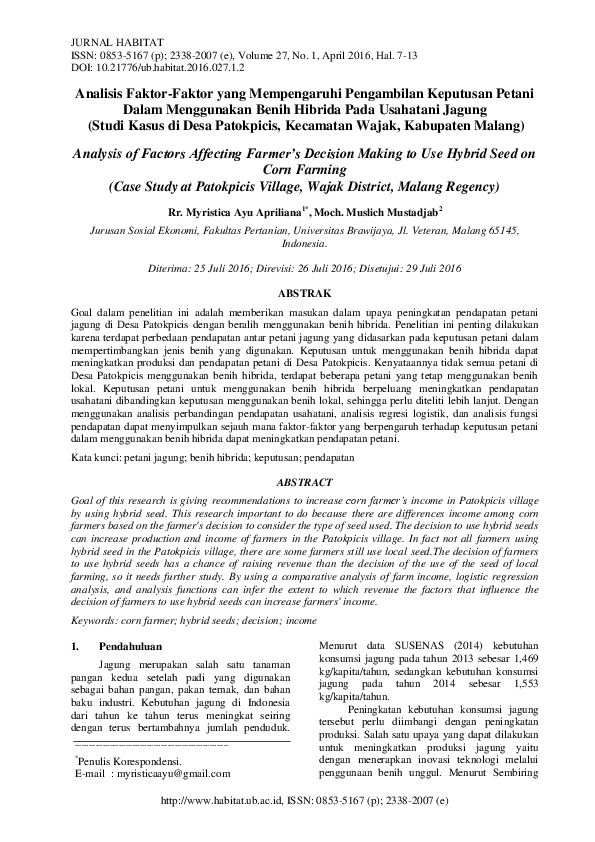 (PDF) Analisis Faktor-Faktor yang Mempengaruhi Pengambilan Keputusan Petani Dalam Menggunakan ...