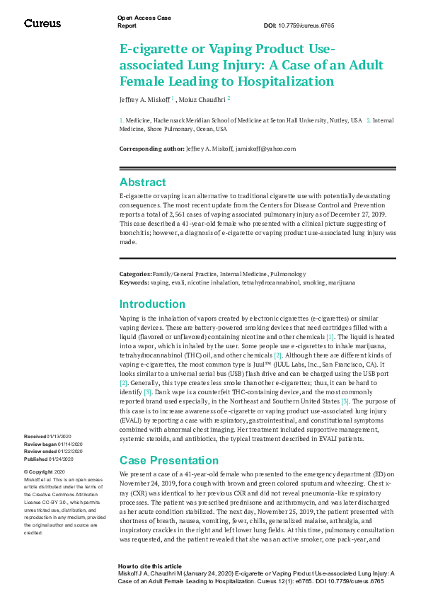 (PDF) E-cigarette or Vaping Product Use-associated Lung Injury: A Case ...