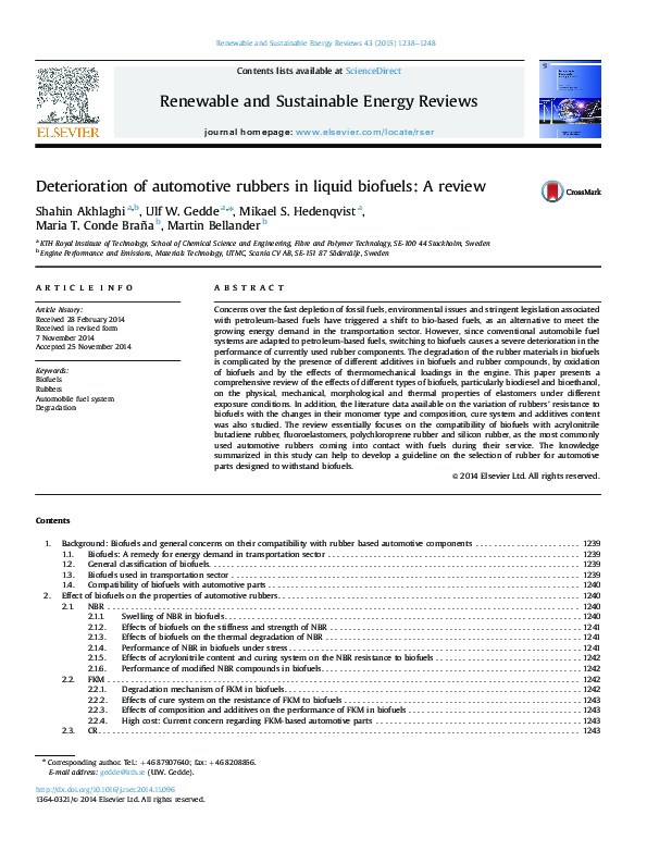 (PDF) Deterioration of automotive rubbers in liquid biofuels: A review