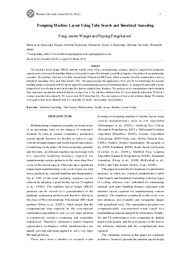 Pdf Designing Machine Layout Using Tabu Search And Simulated Annealing