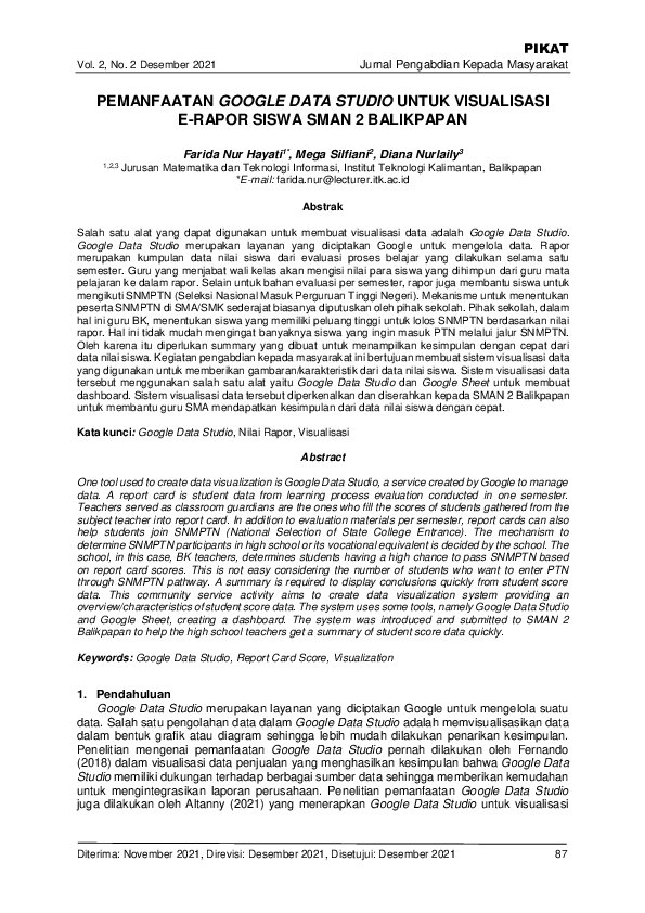 (PDF) Pemanfaatan Google Data Studio Untuk Visualisasi E-Rapor Siswa Sman 2 Balikpapan | mega ...