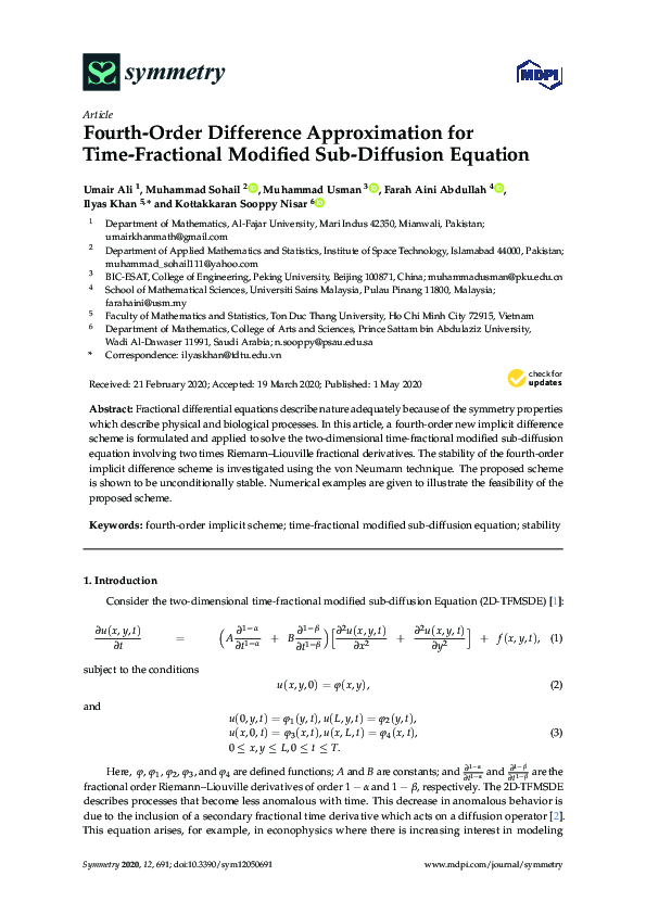 Pdf Fourth Order Difference Approximation For Time Fractional Modified Sub Diffusion Equation