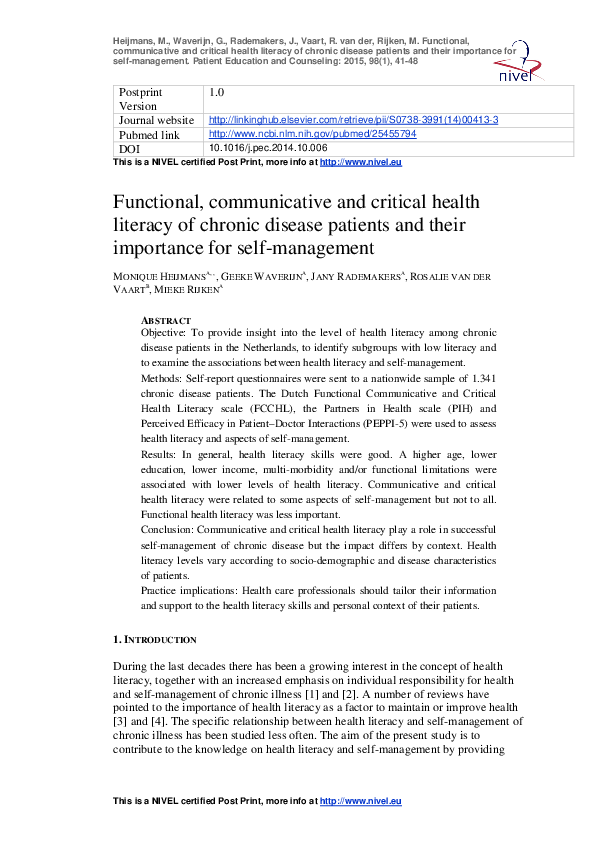 (PDF) Functional, communicative and critical health literacy of chronic ...