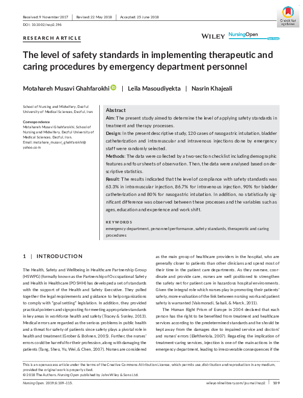 (PDF) The level of safety standards in implementing therapeutic and caring procedures by ...
