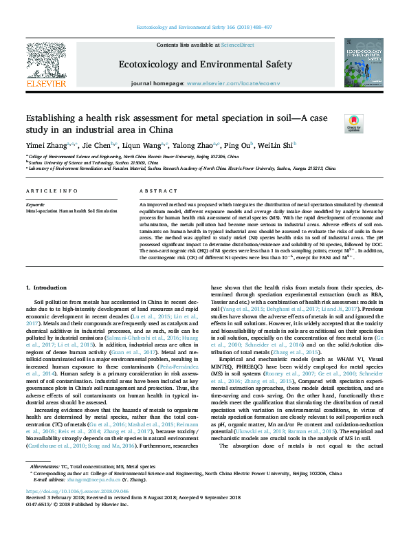 (PDF) Establishing a health risk assessment for metal speciation in soil—A case study in an ...