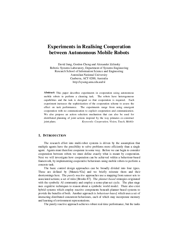 (PDF) Experiments in realising cooperation between autonomous mobile robots