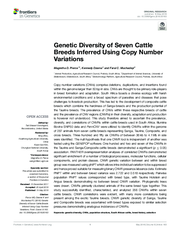 Pdf Genetic Diversity Of Seven Cattle Breeds Inferred Using Copy Number Variations