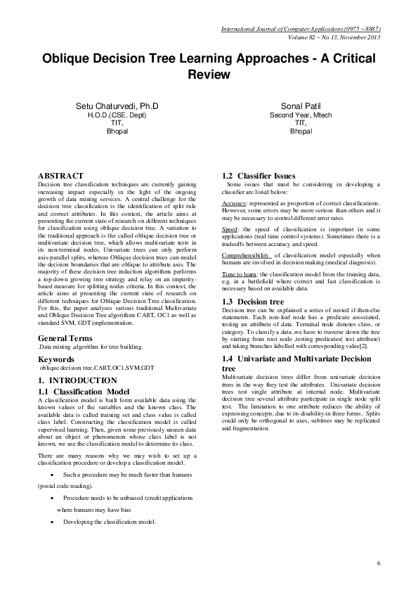 (PDF) Oblique Decision Tree Learning Approaches - A Critical Review