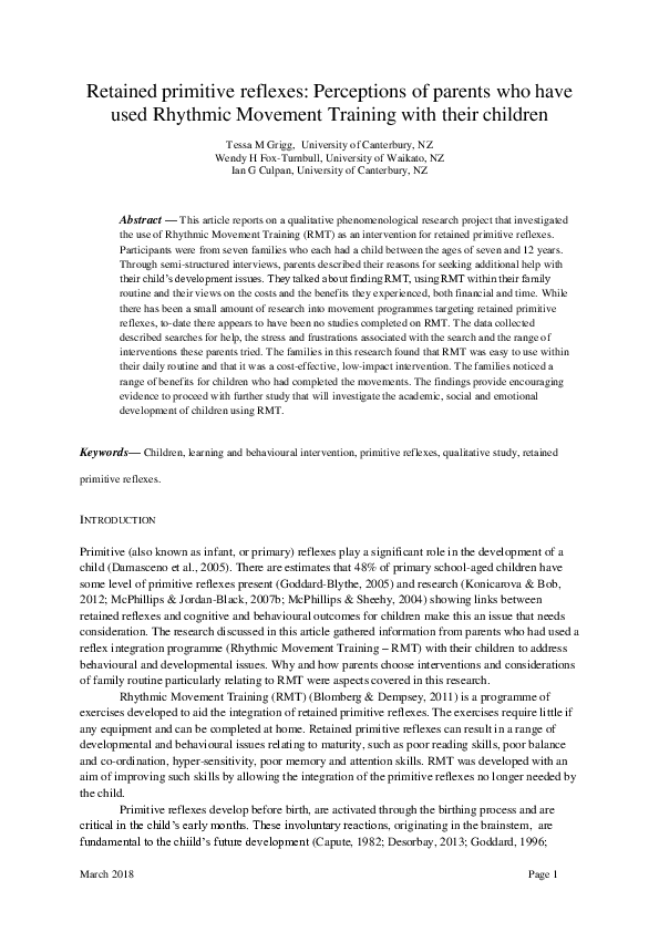 (PDF) Retained primitive reflexes: Perceptions of parents who have used ...