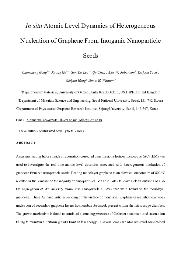 (PDF) In Situ Atomic Level Dynamics of Heterogeneous Nucleation and Growth of Graphene from ...