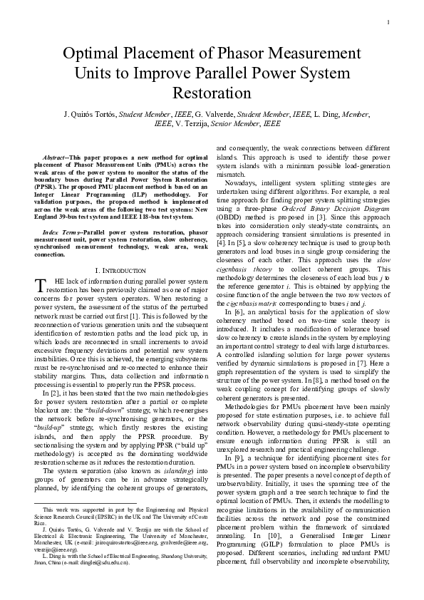 (PDF) Optimal placement of Phasor Measurement Units to Improve Parallel ...