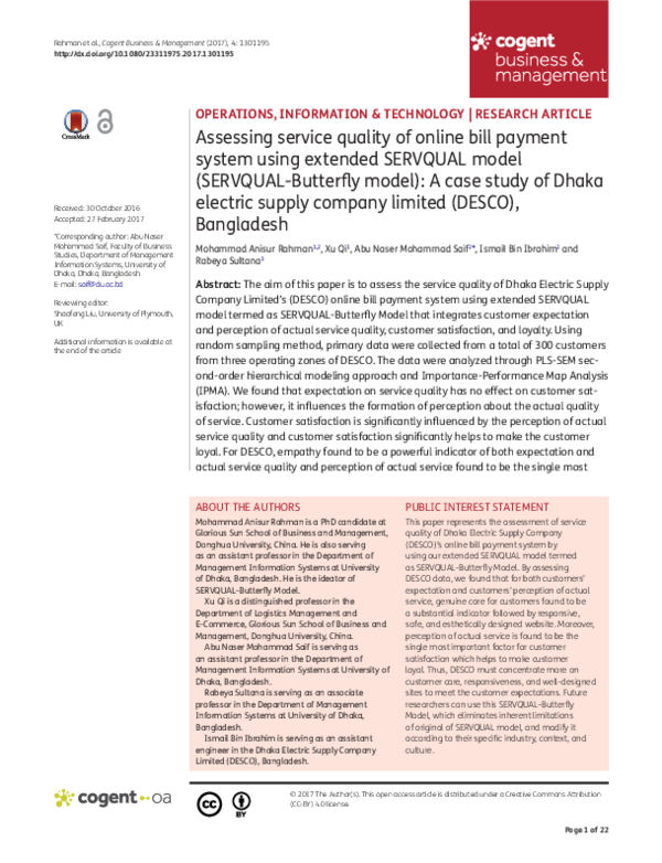 (PDF) Assessing service quality of online bill payment system using extended SERVQUAL model ...