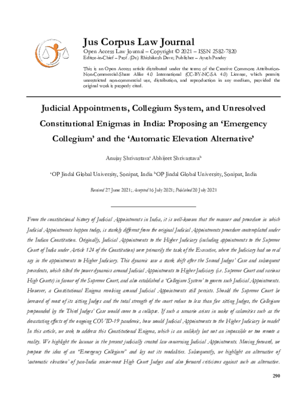 (PDF) Judicial appointments, collegium system, and unresolved ...