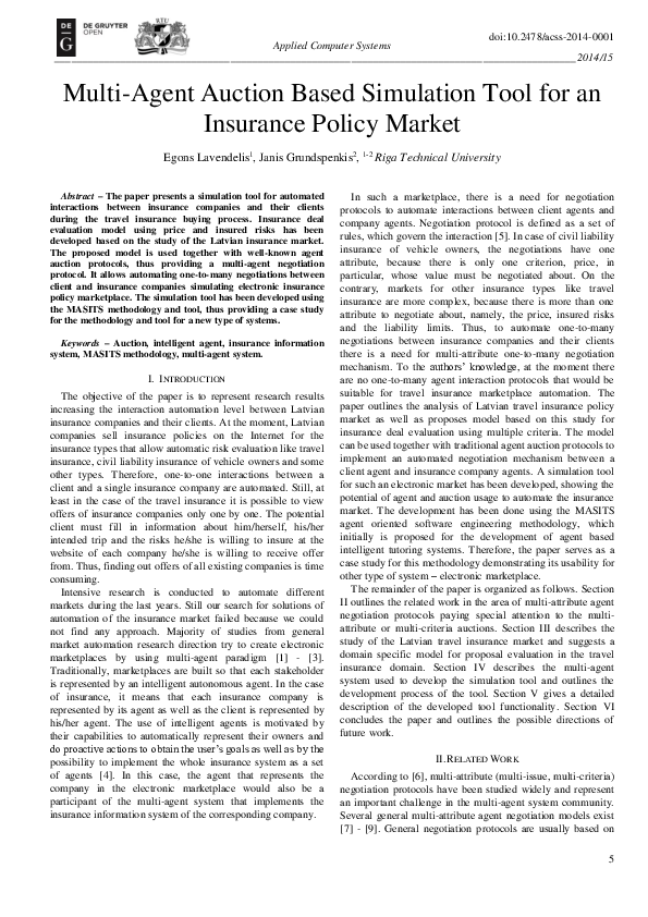 (PDF) Multi-Agent Auction Based Simulation Tool for an Insurance Policy Market | Janis ...
