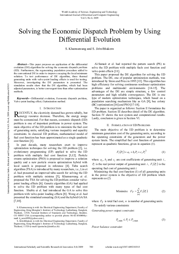 (PDF) Solving the economic dispatch problem by using differential evolution