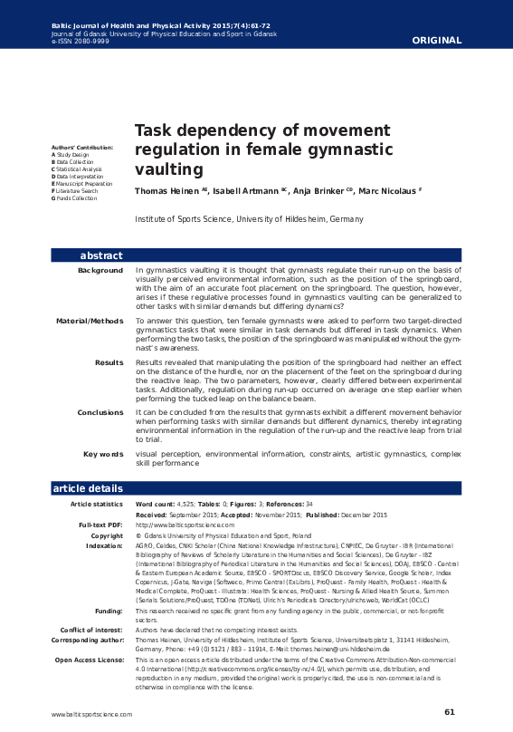 (PDF) Task dependency of movement regulation in female gymnastic vaulting