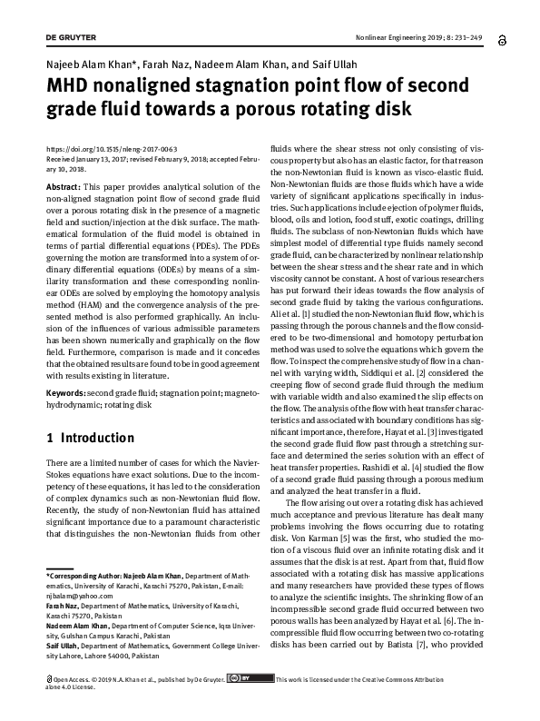 Pdf Mhd Nonaligned Stagnation Point Flow Of Second Grade Fluid Towards A Porous Rotating Disk