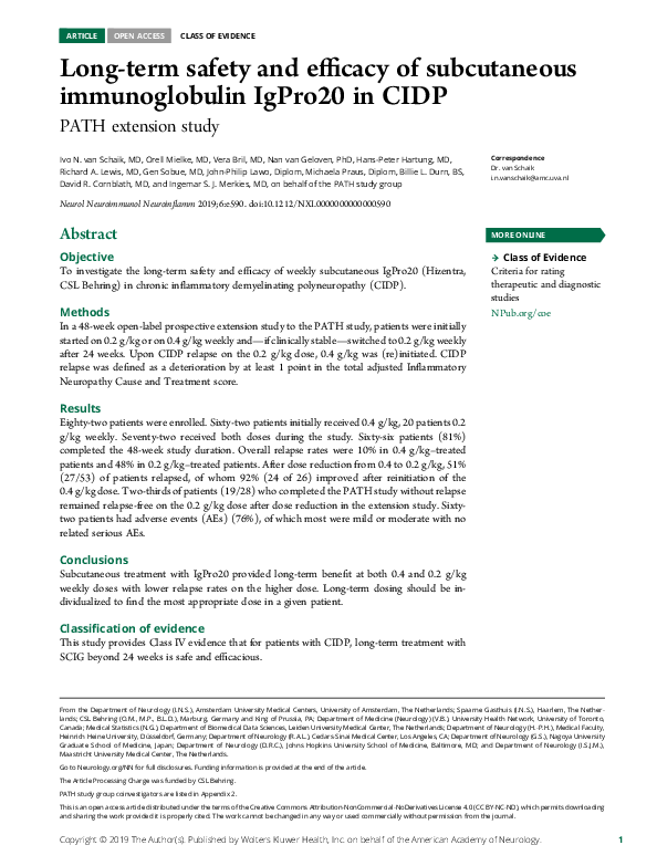 (PDF) Long-term safety and efficacy of subcutaneous immunoglobulin IgPro20 in CIDP