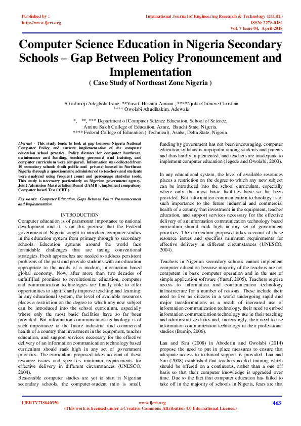 (PDF) Computer Science Education in Nigeria Secondary Schools – Gap ...