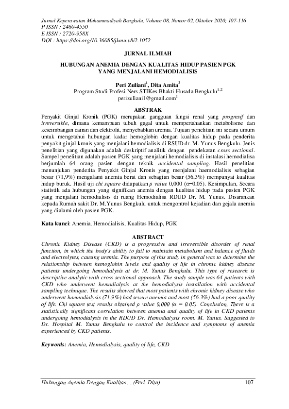 (PDF) Hubungan Anemia dengan Kualitas Hidup Pasien PGK yang Menjalani Hemodialisis