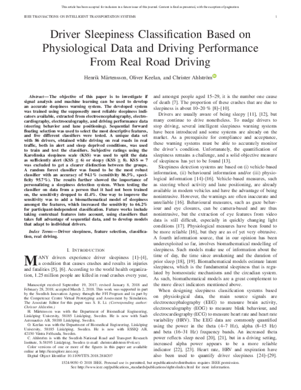 Pdf Driver Sleepiness Classification Based On Physiological Data And Driving Performance From