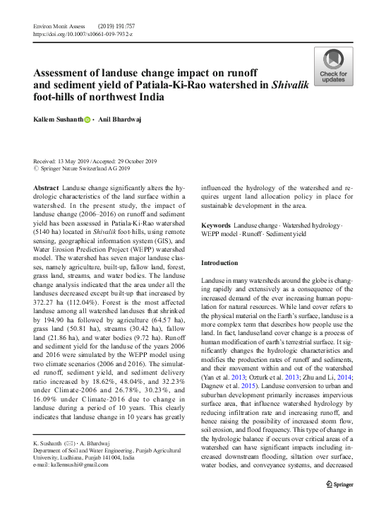 (PDF) Assessment of landuse change impact on runoff and sediment yield of Patiala-Ki-Rao ...