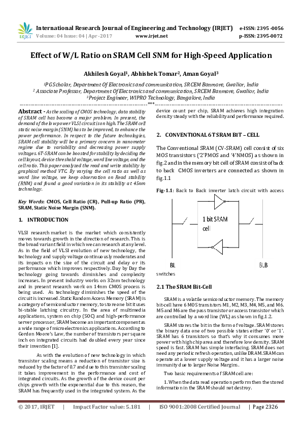 (PDF) Effect of W/L Ratio on SRAM Cell SNM for High-Speed Application ...