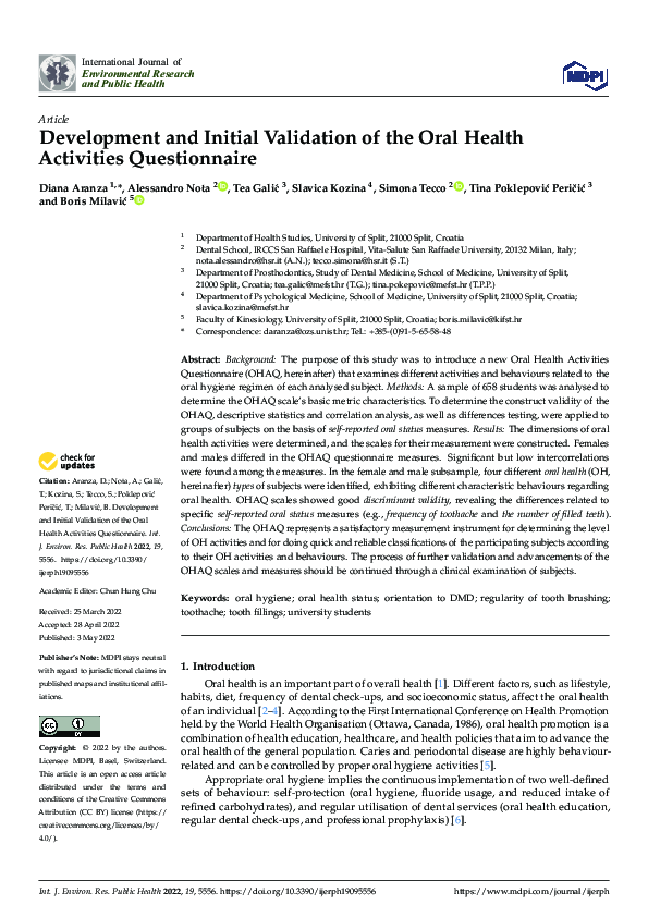 (PDF) Development and Initial Validation of the Oral Health Activities Questionnaire