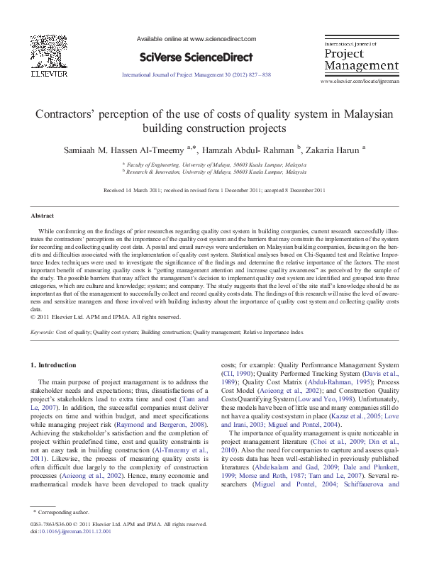 (PDF) Contractors' perception of the use of costs of quality system in ...