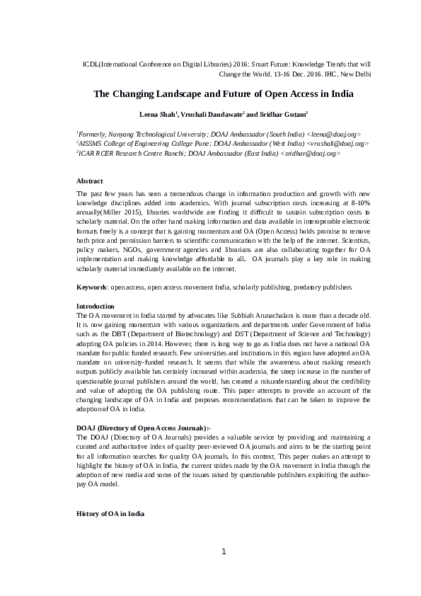 (PDF) The Changing Landscape And Future Of Open Access In India