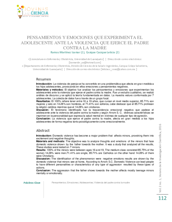 (PDF) Pensamientos y Emociones Que Experimenta El Adolescente Ante La Violencia Que Ejerce El ...