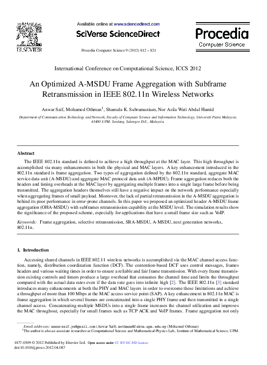 (PDF) An Optimized A-MSDU Frame Aggregation with Subframe Retransmission in IEEE 802.11n ...