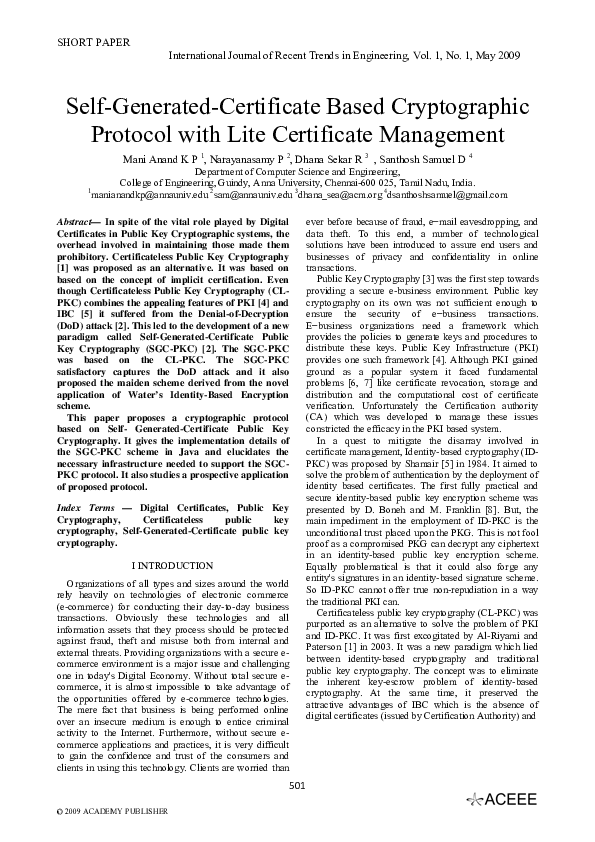 (PDF) Self-Generated-Certificate Based Cryptographic Protocol With Lite Certificate Management