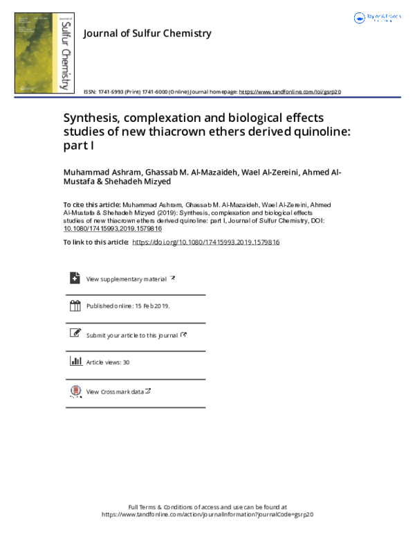 (PDF) Synthesis, complexation and biological effects studies of new thiacrown ethers derived ...