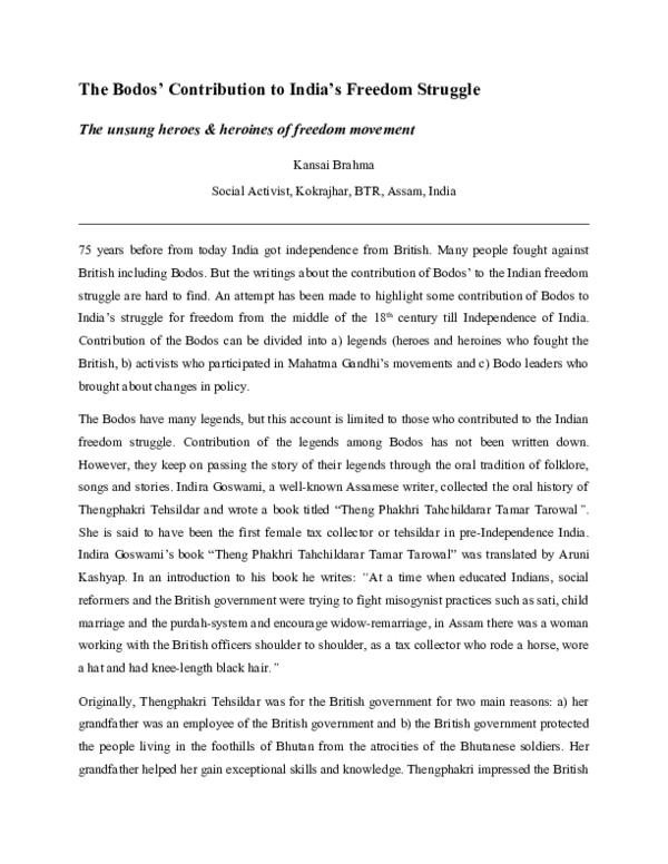 (DOC) The Bodos' Contribution to India's Freedom Struggle - the unsung ...