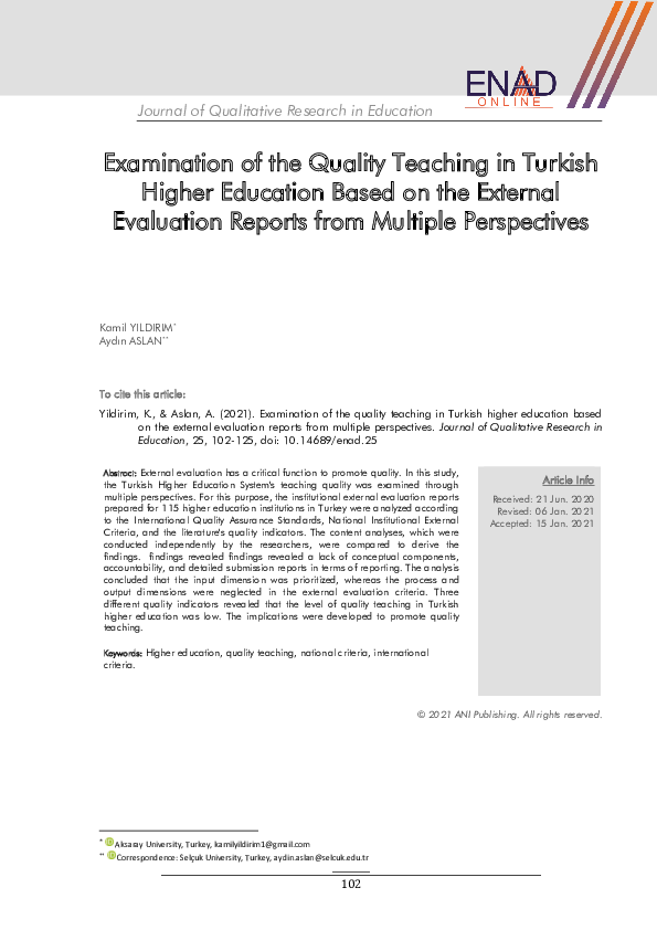 (PDF) Examination of the Quality Teaching in Turkish Higher Education ...