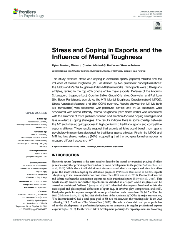 (PDF) Stress and Coping in Esports and the Influence of Mental Toughness