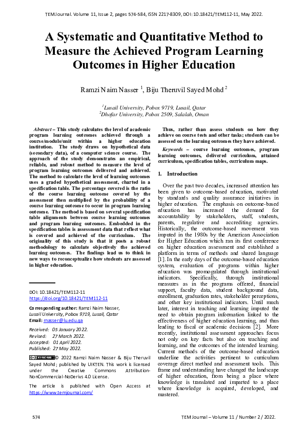(PDF) A Systematic and Quantitative Method to Measure the Achieved Program Learning Outcomes in ...