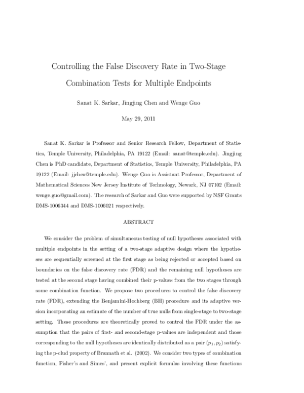 Pdf Controlling The False Discovery Rate In Two Stage Combination Tests For Multiple Endpoints