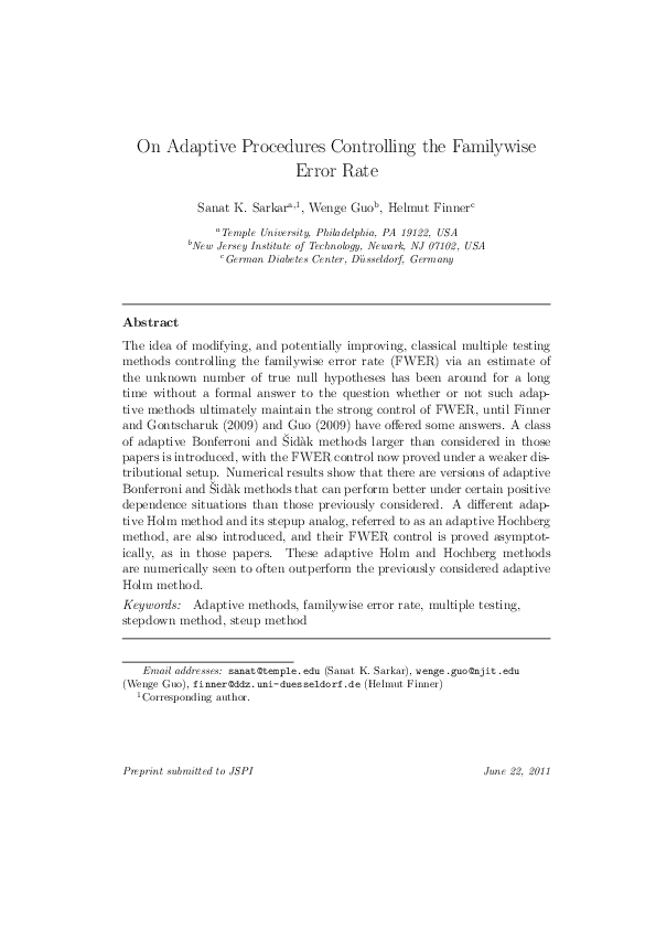 (PDF) On adaptive procedures controlling the familywise error rate